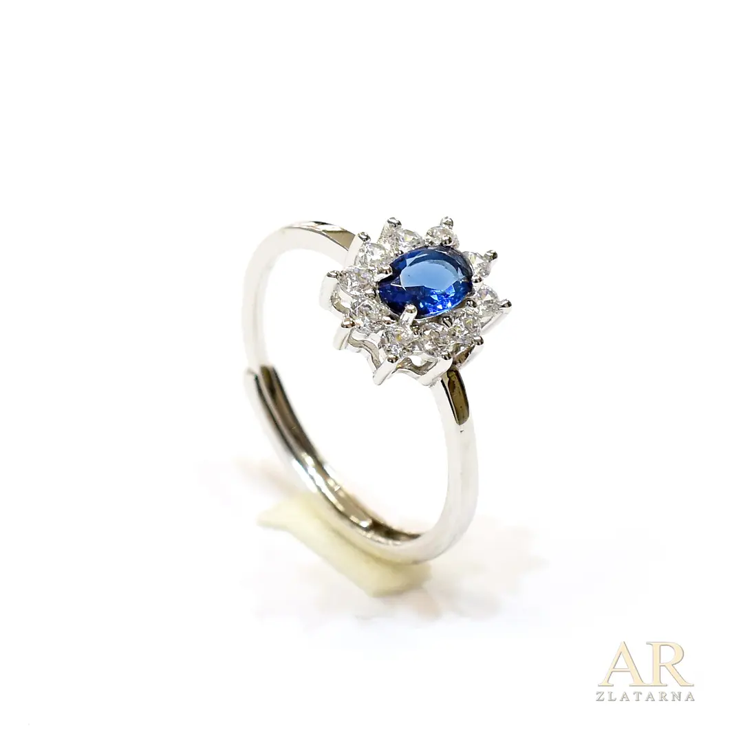 Srebrni prsten podesivi Plavi kamen i cirkoni u cvjetnoj kruni - Zlatarna AR